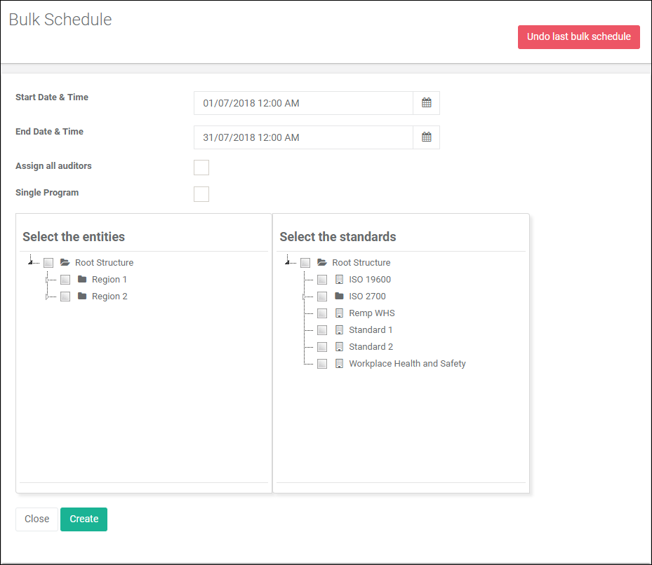 Tasks > Bulk Schedule Audits > Bulk Schedule